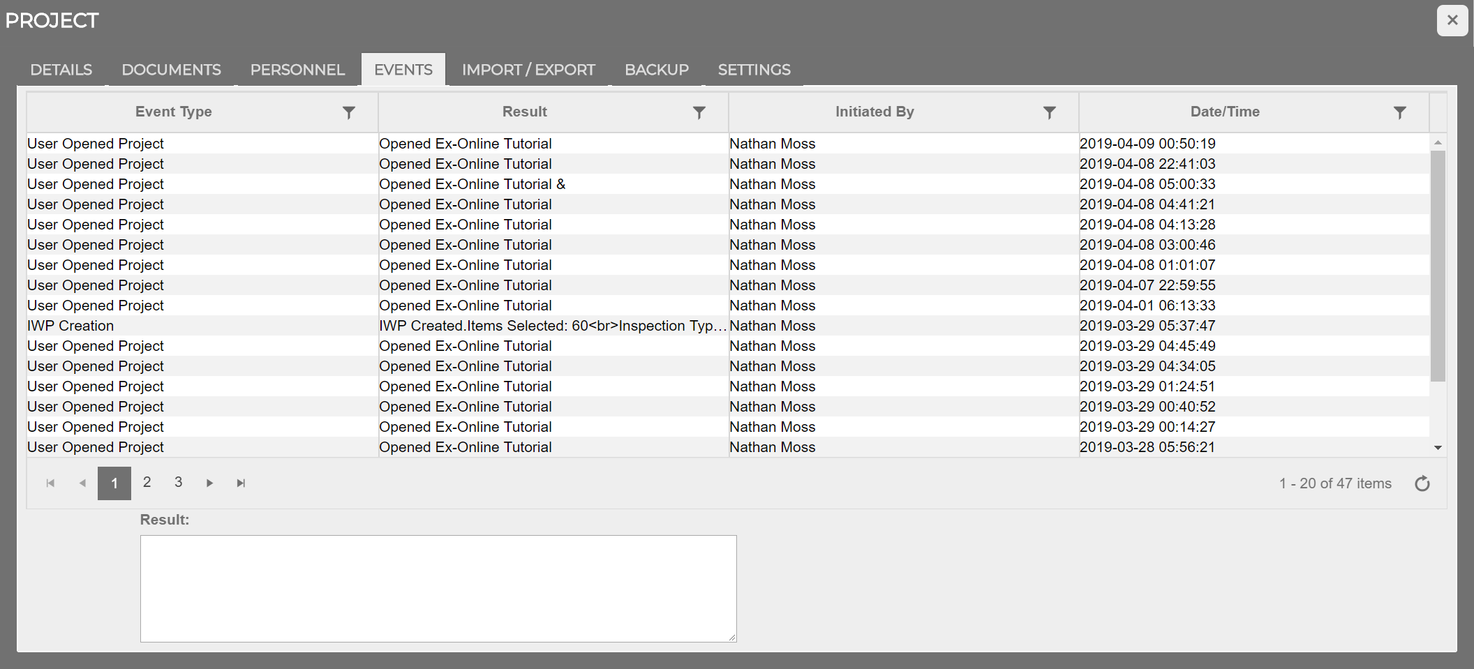 Project Events - ExOnline Help